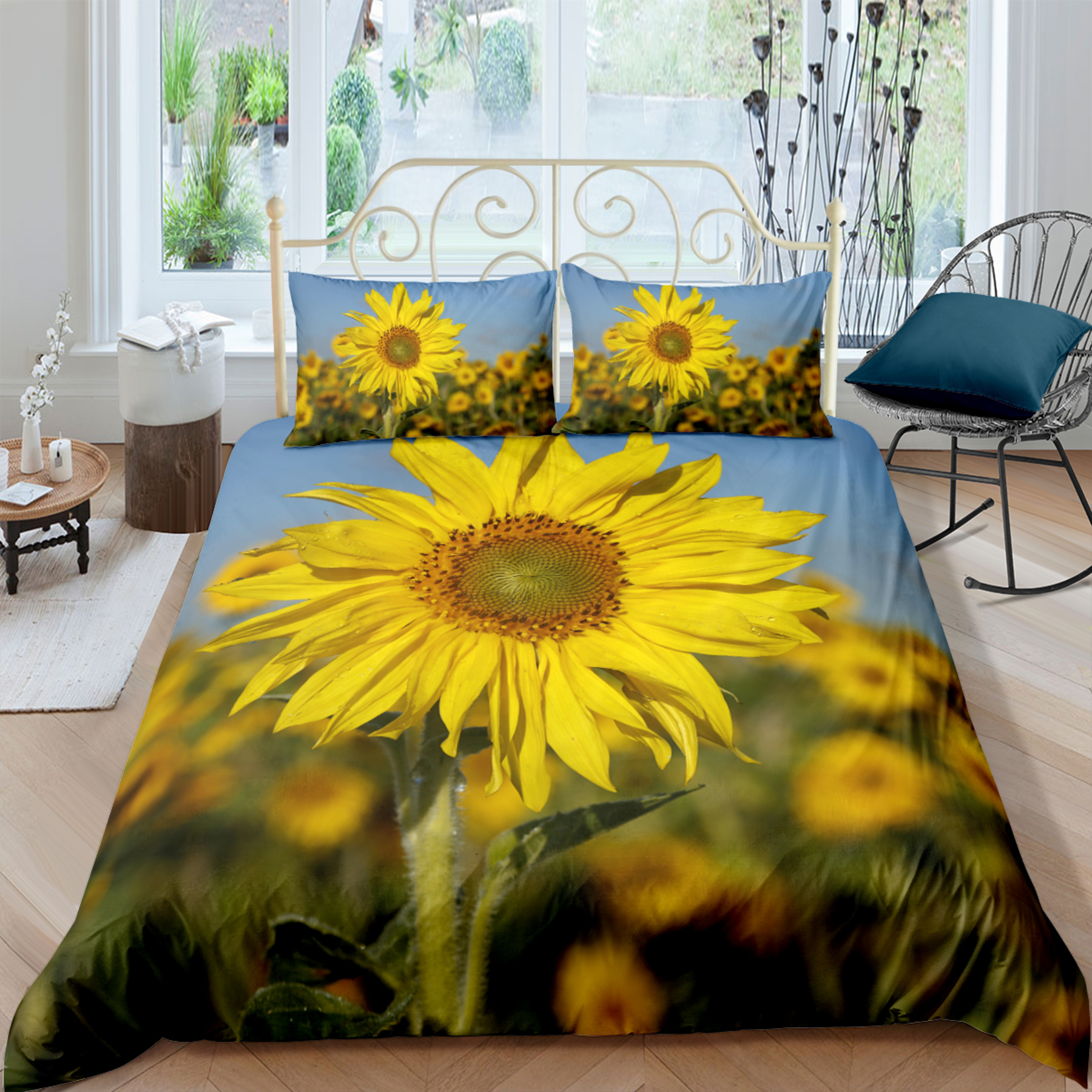 Sunflower Bedding Set Vibrant Yellow Floral Design on Soft Blue ...