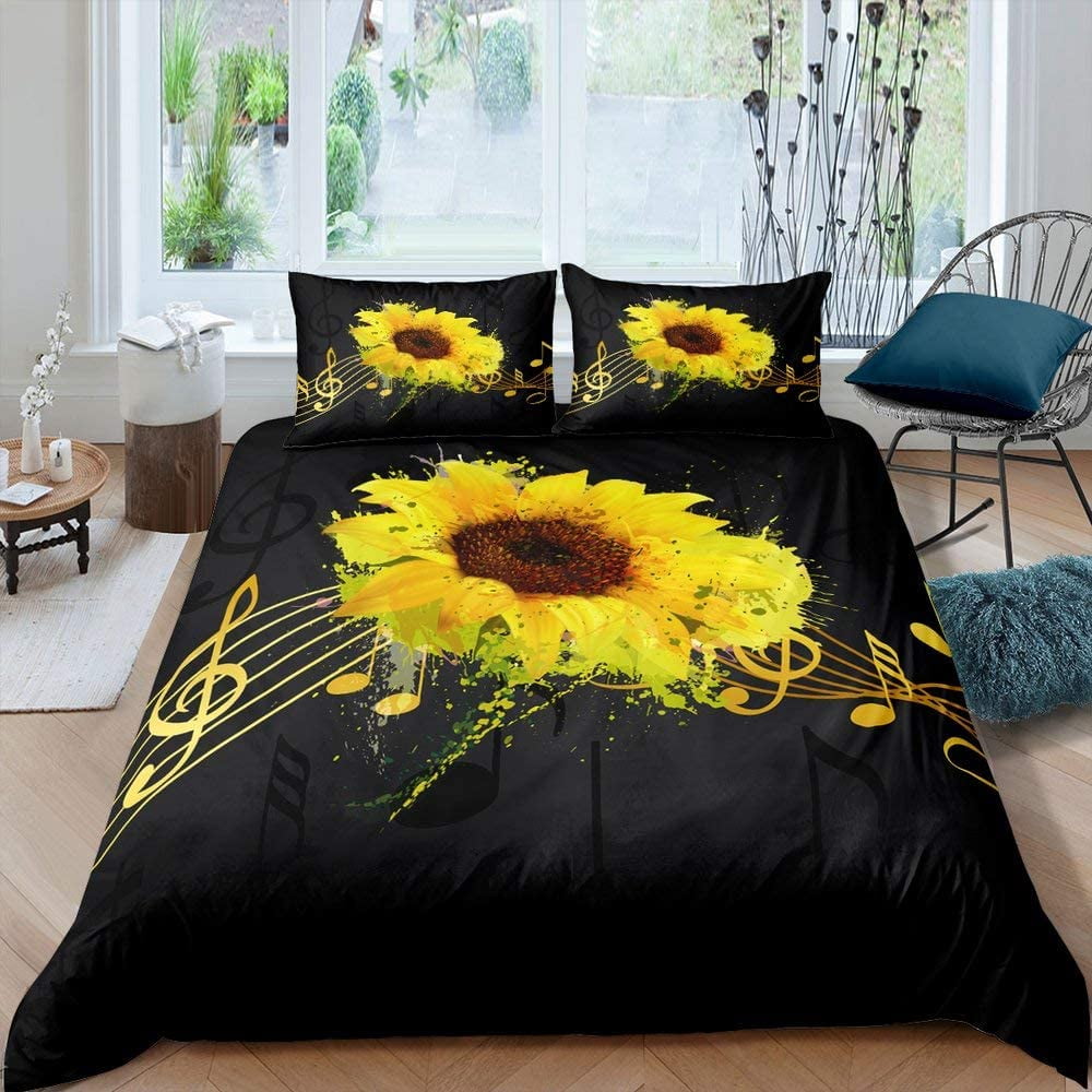 Sunflower Bedding Set,Yellow Flower Floral Comforter Cover,Music Notes ...