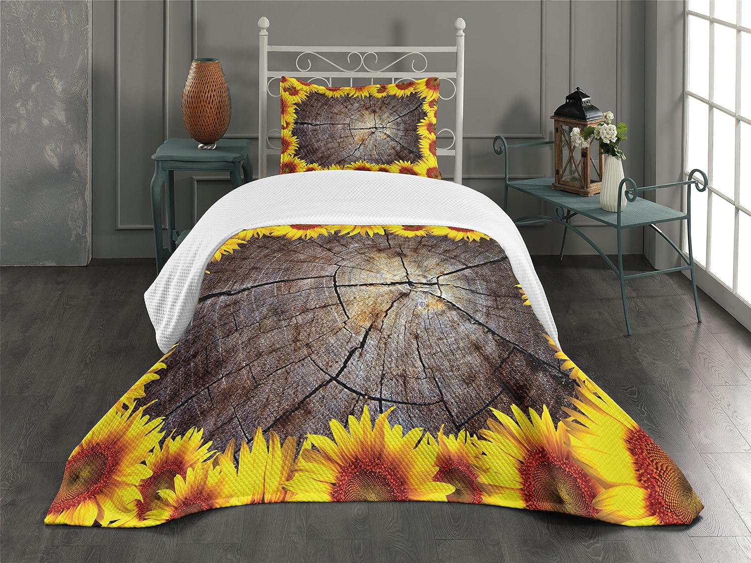 Sunflower Bedspread, Cu Secion Wood Sump Sunflowers ree runk Rusic ...