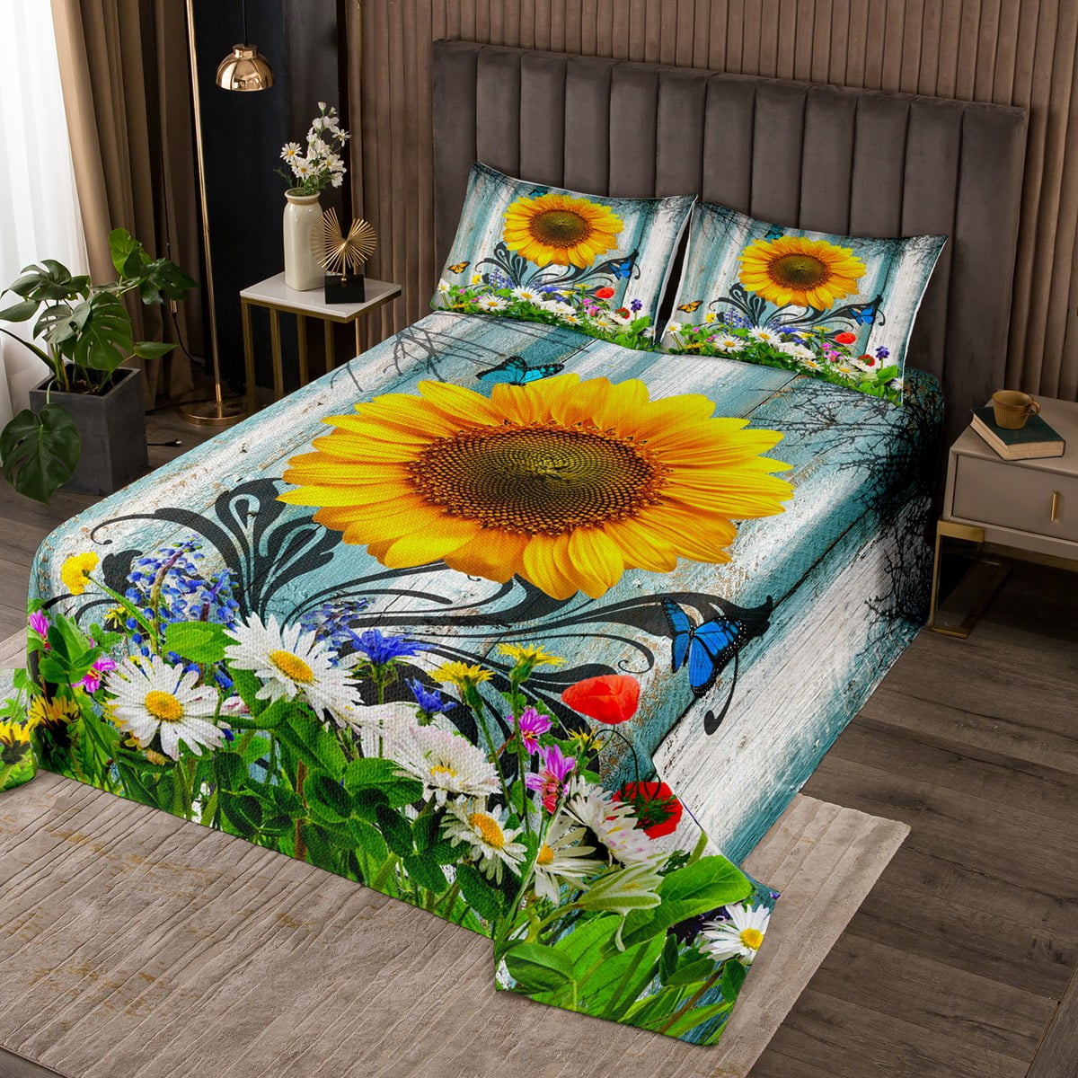 Sunflower Bedspread Set Daisy Floral Quilt Set Twin for Boys,Butterfly ...