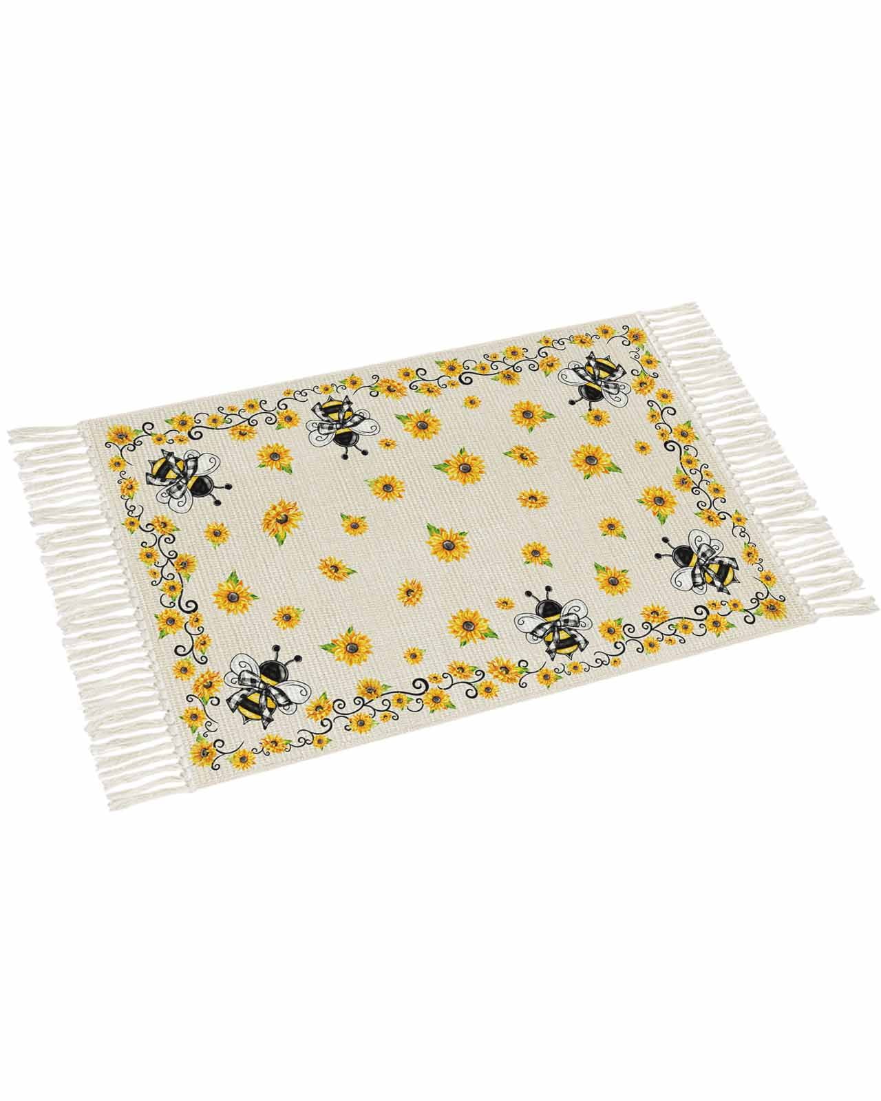 Sunflower Bee Bathroom Rug 2'x3', Woven Cotton Area Rug with Tassels ...