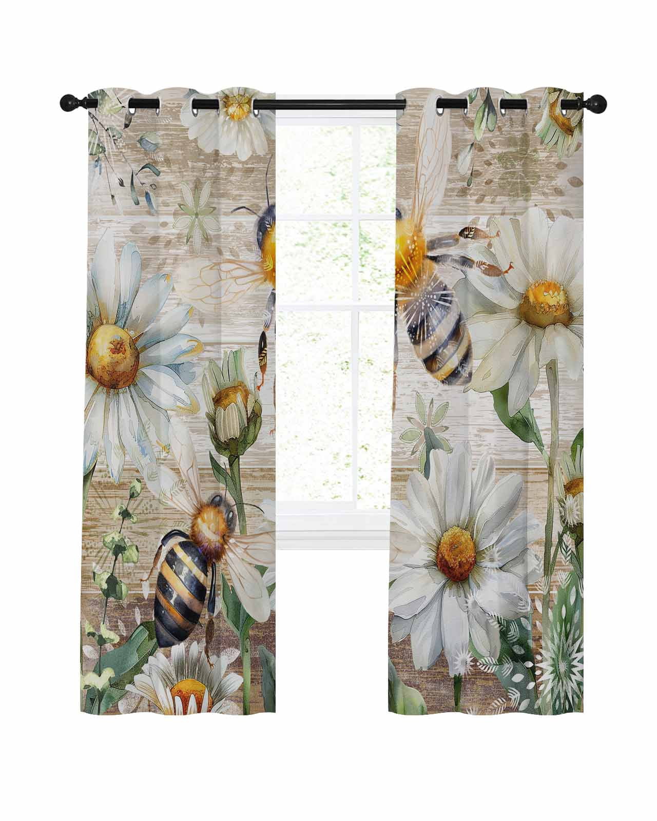 Sunflower Bee Blackout Curtains 96 Inches Long, Rustic Wood Grain Daisy ...