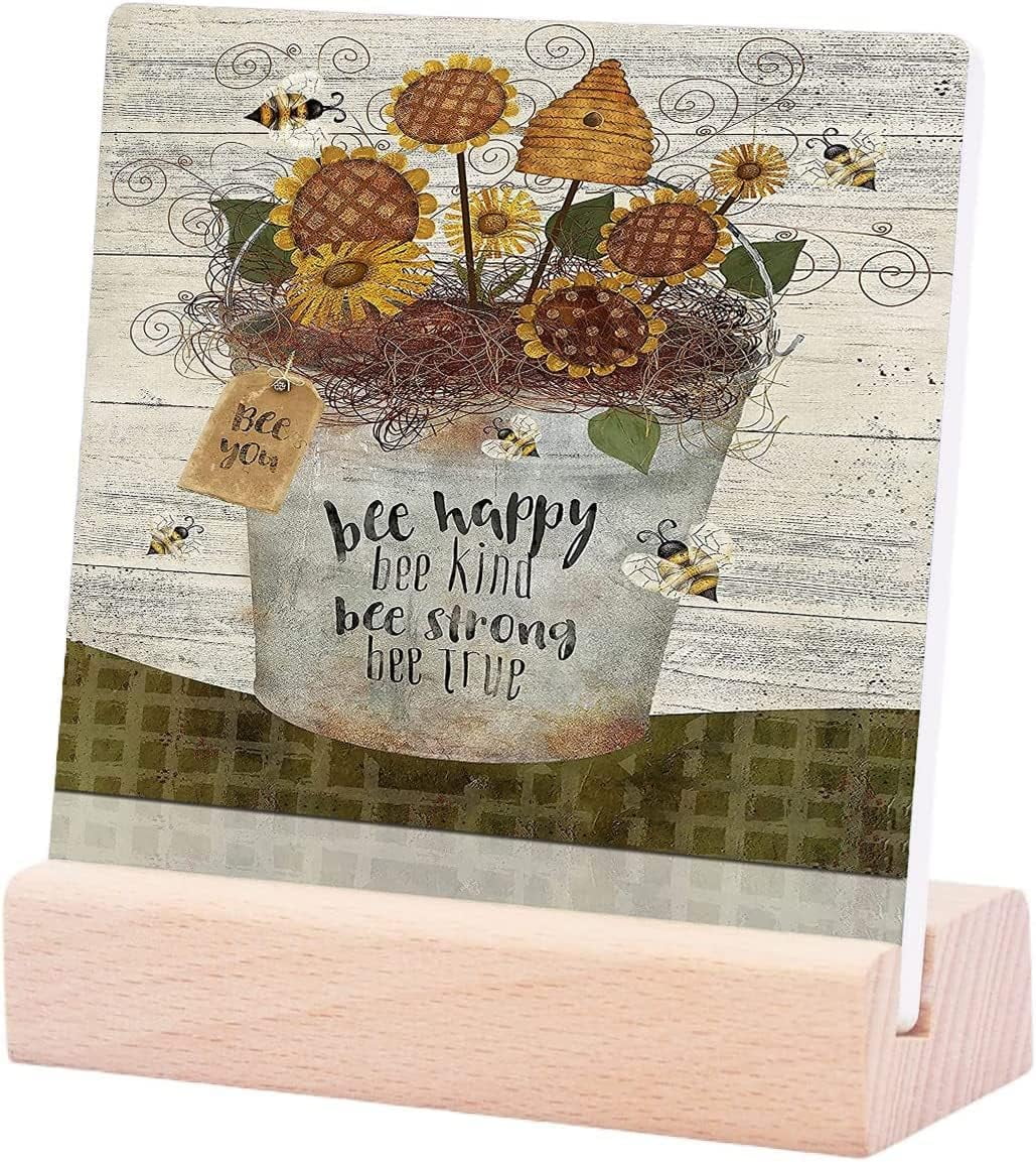 Sunflower Bee Bucket Ceramic Table Plaque with Wooden Stand Desk ...