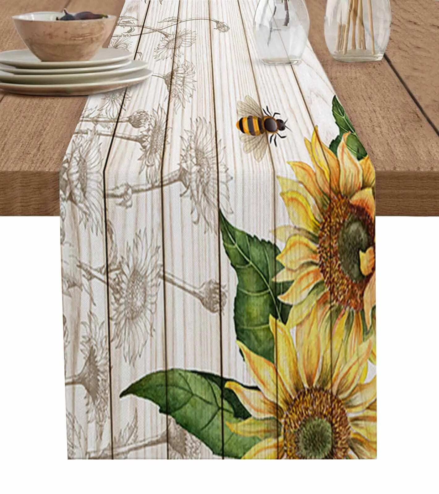 Sunflower Bee Butterfly Wood Texture Linen Table Runner Kitchen Table ...