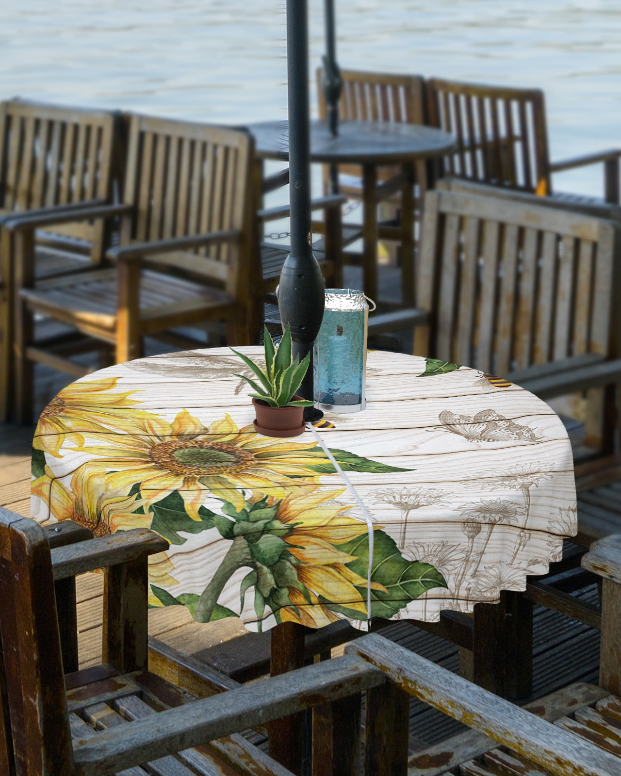Sunflower Bee Butterfly Wood Texture Outdoor Tablecloth with Umbrella ...