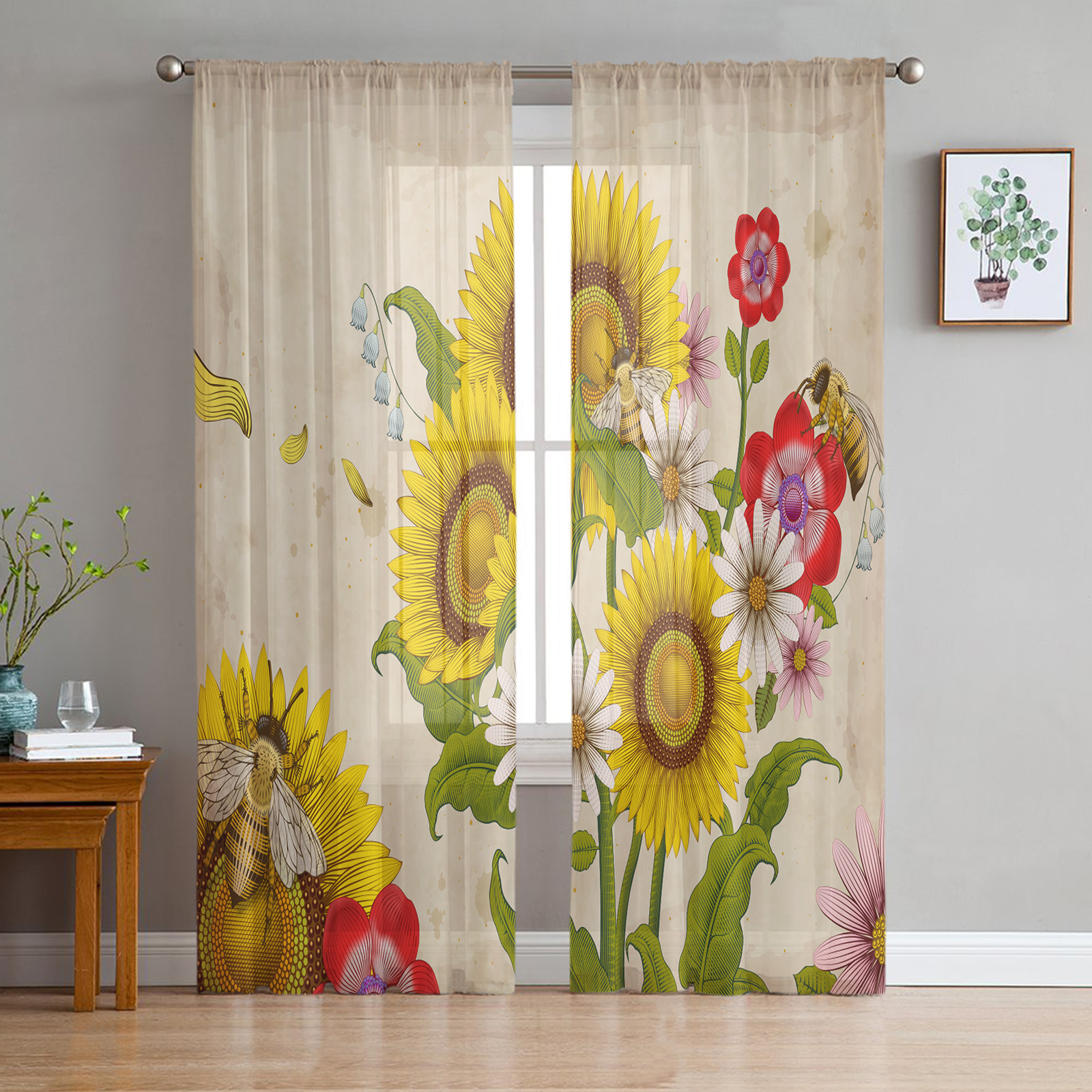 Sunflower Bee Butterfly Wood Texture Tulle Curtains for Living Room ...