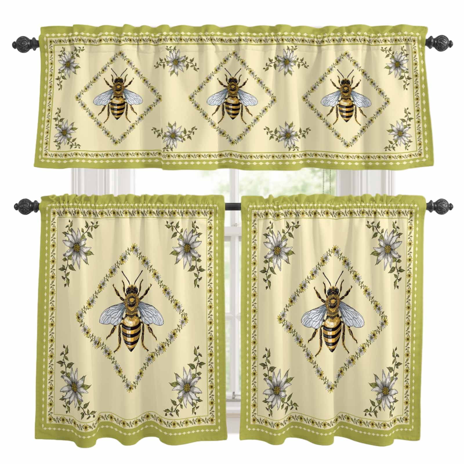 Sunflower Bee Curtain Valances Set Vintage Daisy Flower Green Border ...