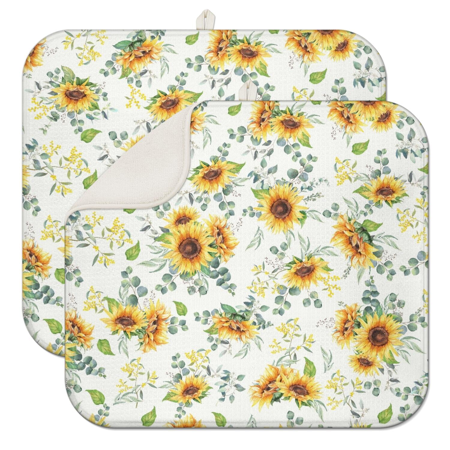 Sunflower and Bee Illustration Coffee Mat for Kitchen Countertops – Ultra Absorbent Microfiber ...