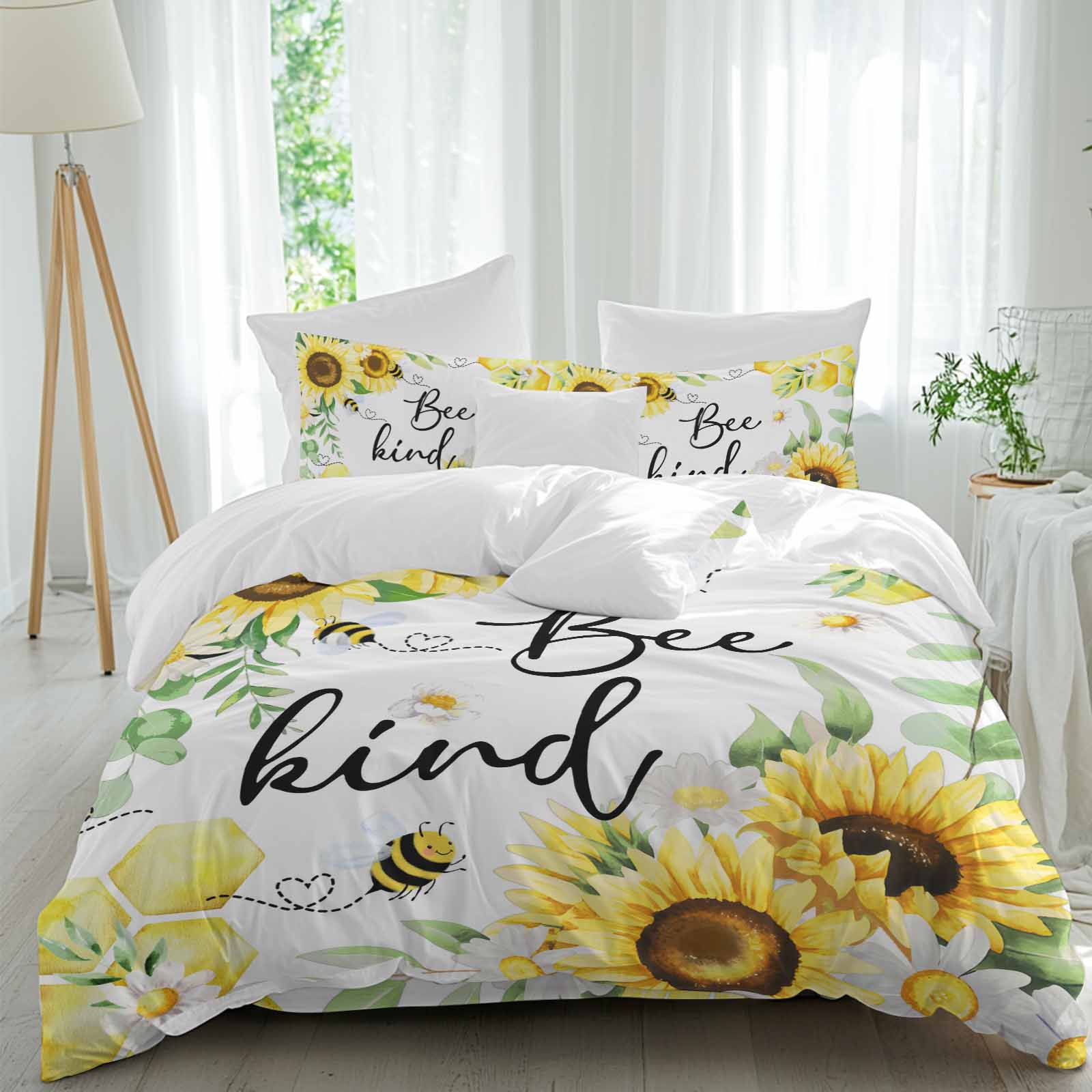 Sunflower Bee Kind 4 Piece Duvet Cover Set Full Size Vintage Yellow ...