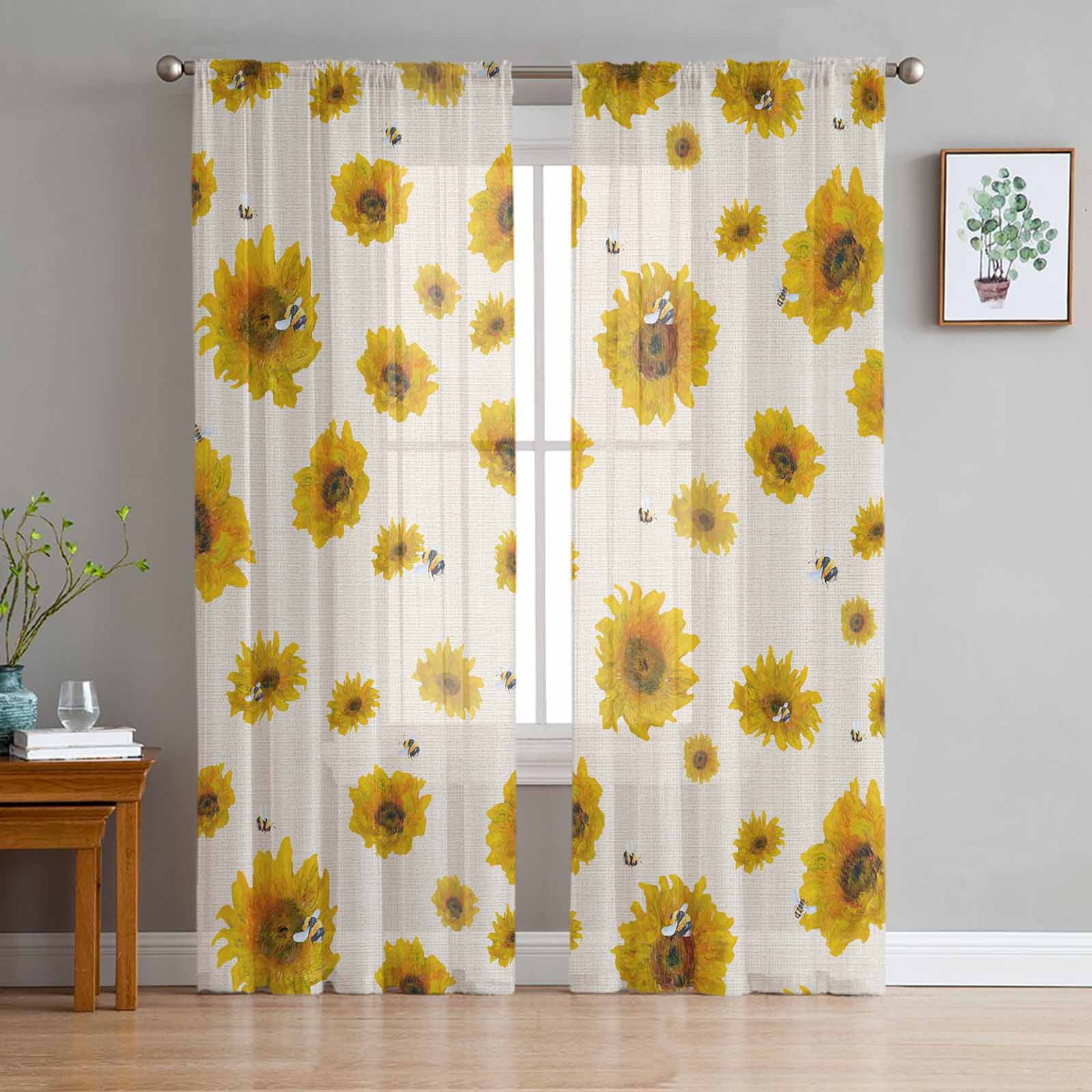 Sunflower Bee Oil Painting Sheer Tulle Curtains for Living Room Valance ...