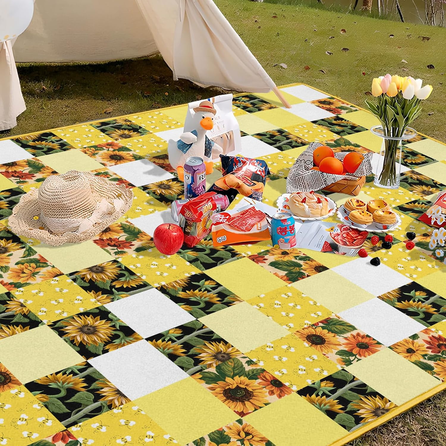 Sunflower Bee Picnic Blanket Waterproof Foldable Extra Large Picnic Mat ...