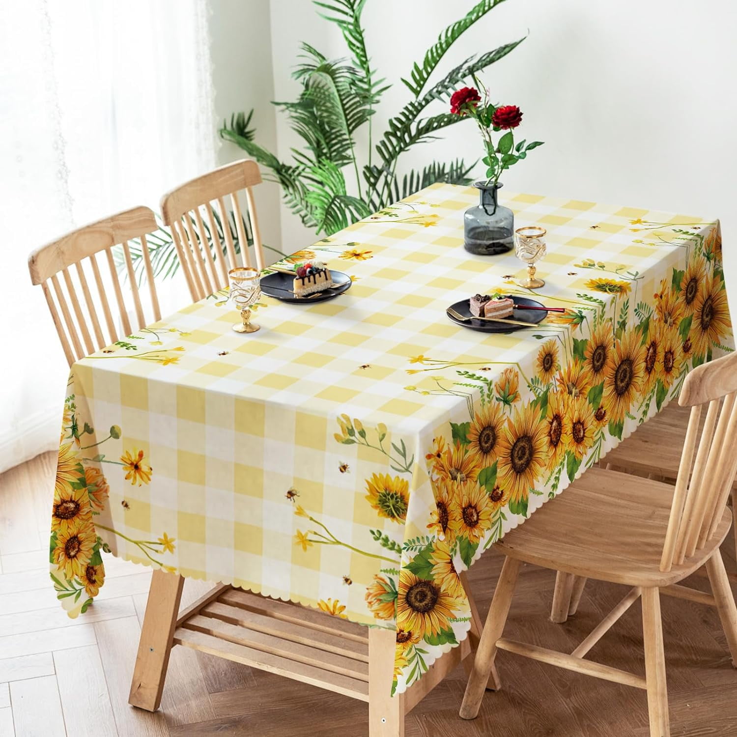 Sunflower Bee Rectangle Tablecloth 60"x84", Fall Checkered Tablecloth ...