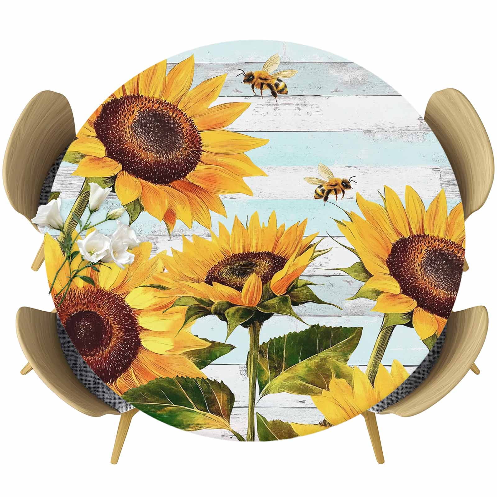 Sunflower Bee Round Tablecloth 36-44 Inch Round Fitted Table Cloth with ...