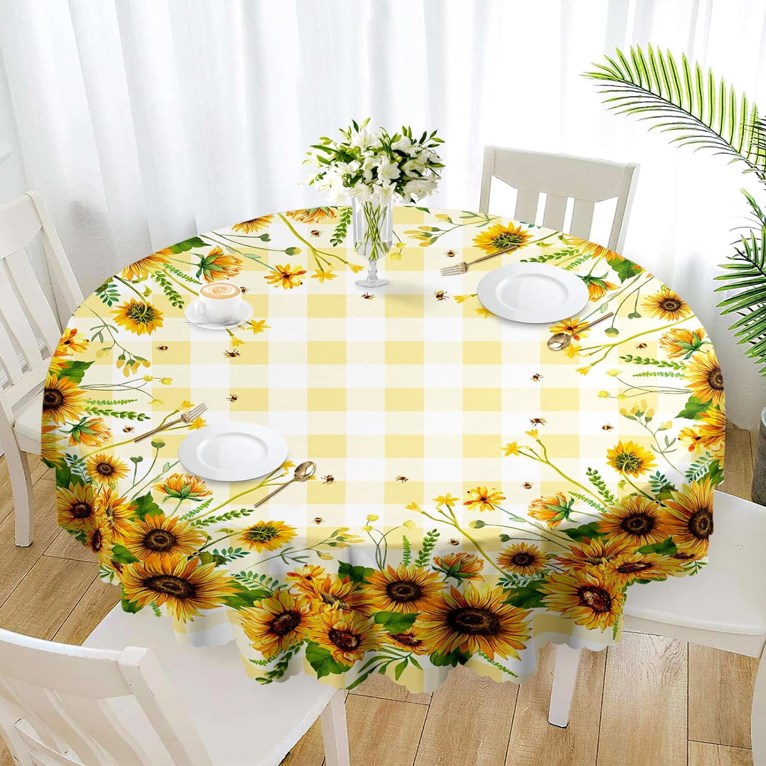 Sunflower Bee Round Tablecloth 60inch, Fall Checkered Tablecloth ...