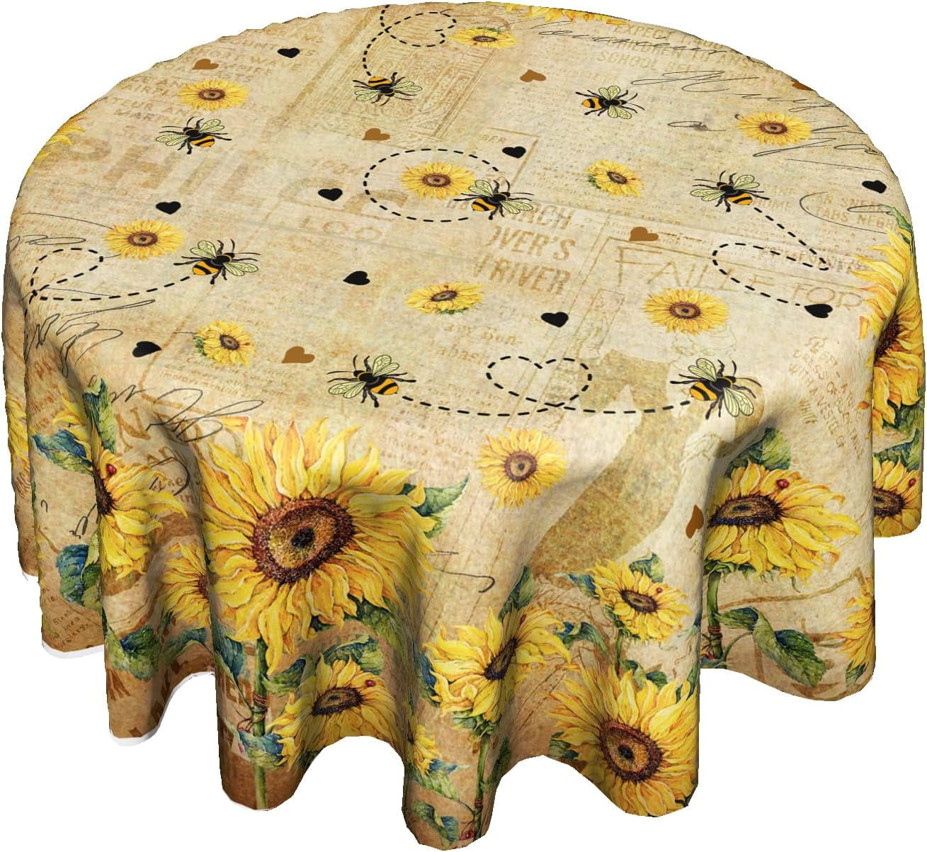Sunflower Bee Round Tablecloth 60inch Yellow Flower Vintage Floral ...