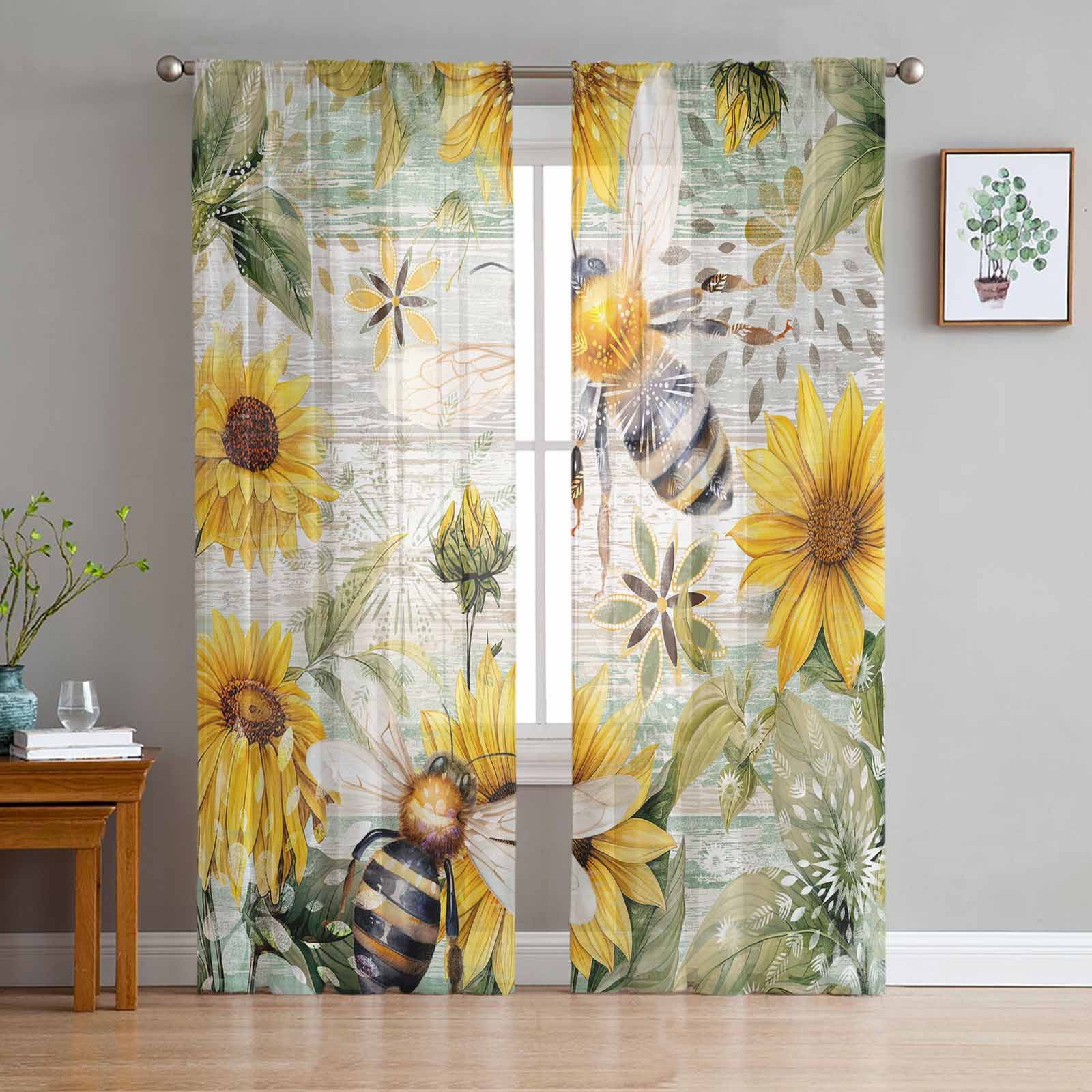 Sunflower Bee Semi Sheer Curtains 72 Inch Length 2 Panels Set, Vintage Summer Botanical ...