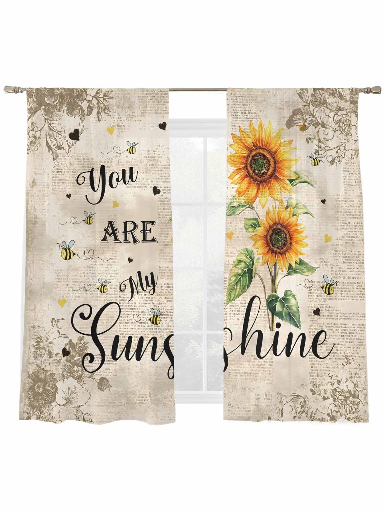Sunflower Bee Sheer Curtains 2 Panels Set Sunshine Farmhouse Sheer ...