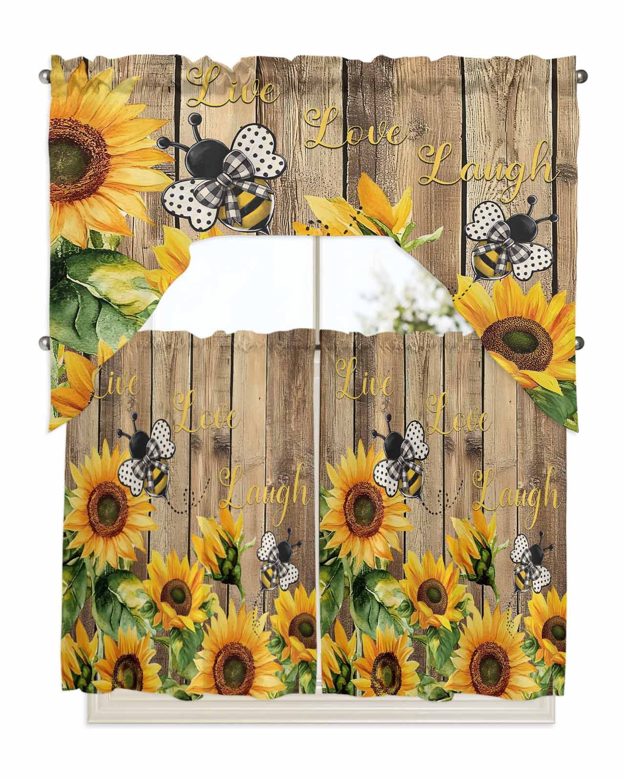 Sunflower Bee Swag Curtains Valance and Tier Set,Farmhouse Brown Wooden ...