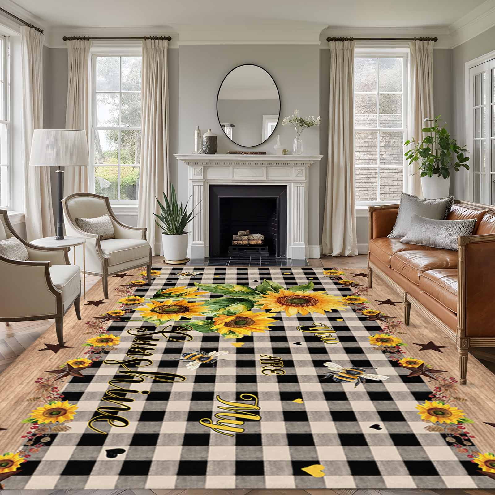Sunflower Bee Washable Area Rug 6 x 9 ft You Are My Sunshine, Soft Non ...
