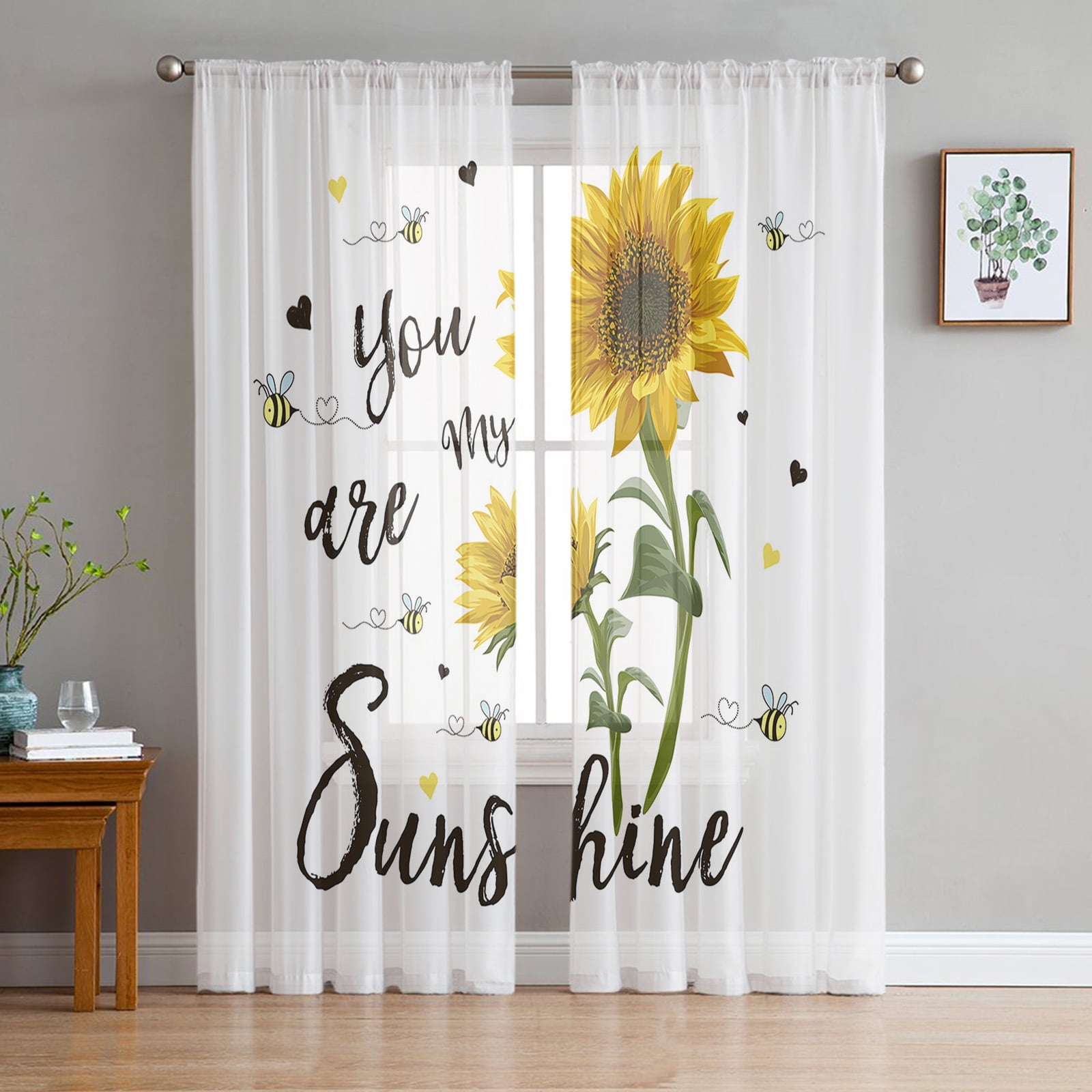 Sunflower Bee White Screens Voile Tulle Sheer Curtains for Bedroom ...