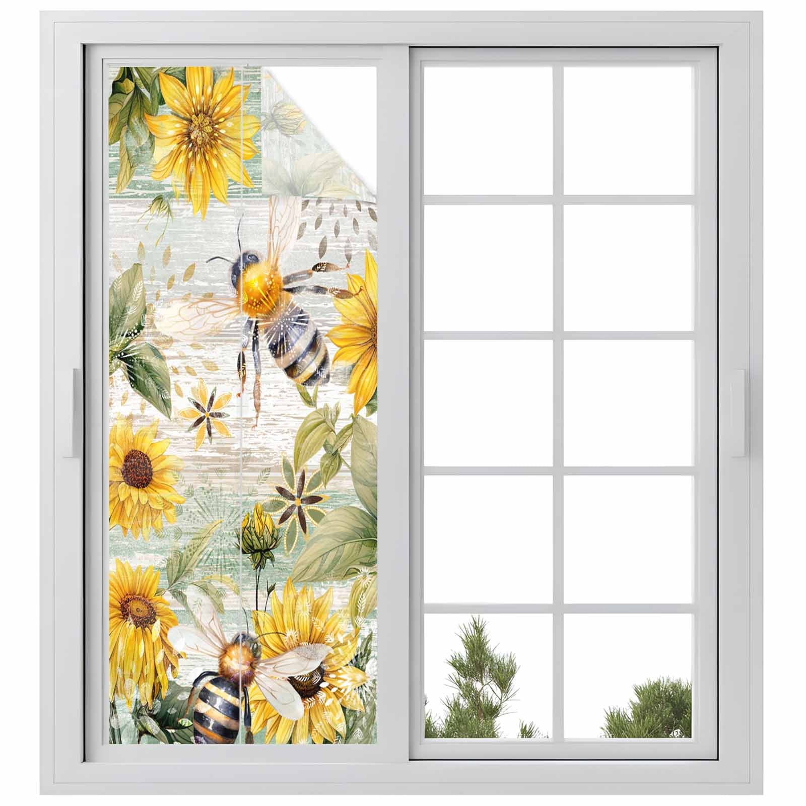 Sunflower Bee Window Privacy Film, Vintage Summer Botanical Farmhouse ...