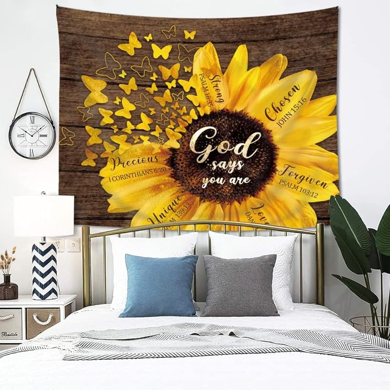 Sunflower Bible Verse Tapestry Rustic Brown Wooden Plank Yellow Flower ...