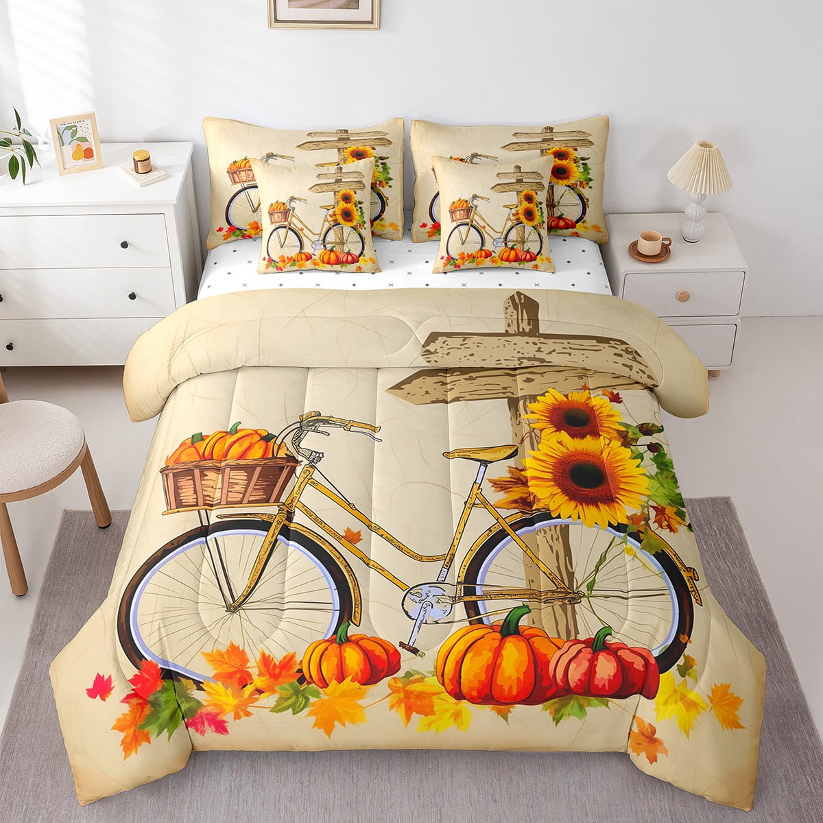 Sunflower Bike Bicycle King Comforter Set,7 Pieces Soft Microfiber Thanksgiving Pumpkin ...