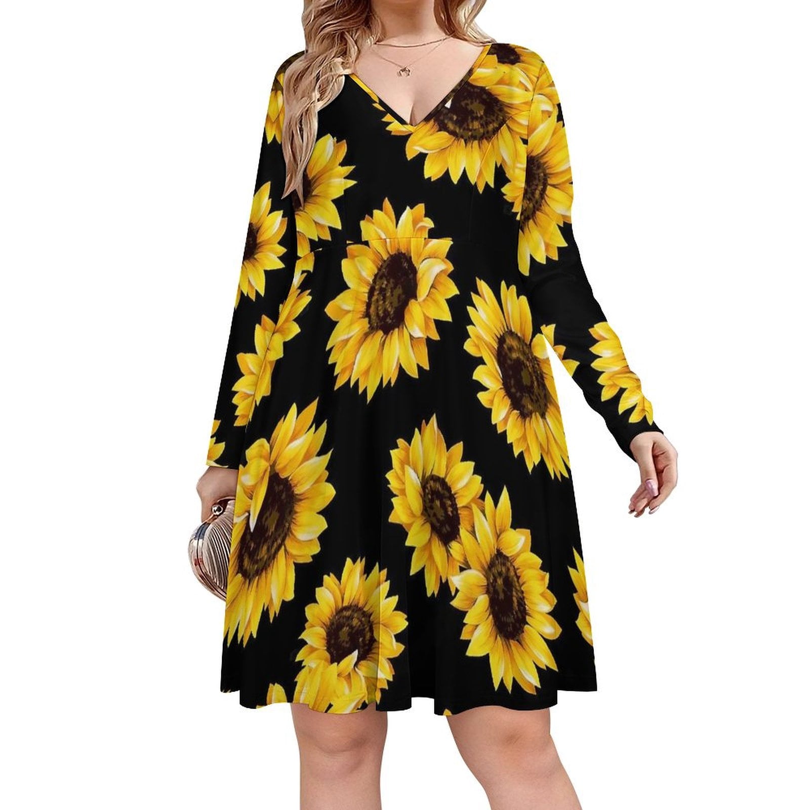 Sunflower Black Background Long Sleeve Sexy Dresses For Women Ladies ...