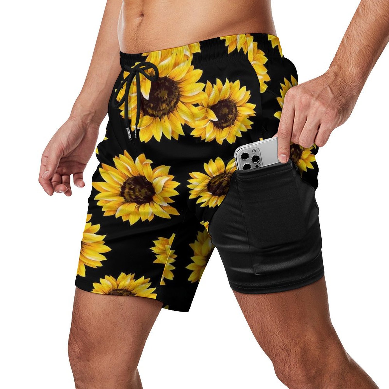 Sunflower Black Background Quick Dry Swimming Shorts For Men Swimwear ...