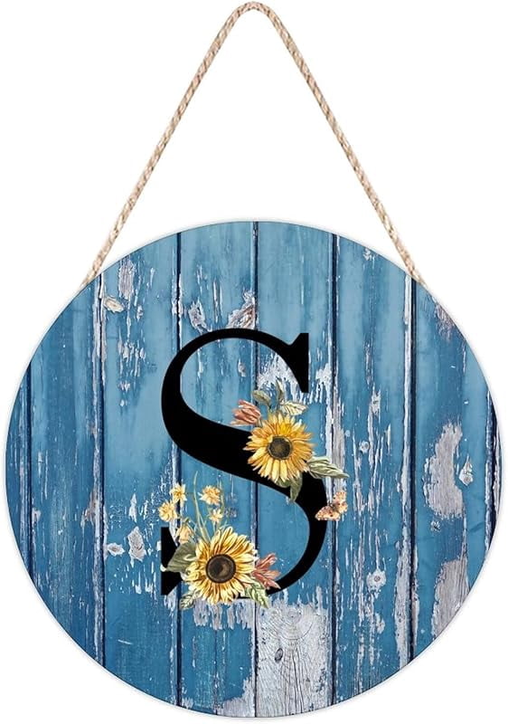 Sunflower Black Initial Letter S Round Wood Door Hanger for Front Door ...