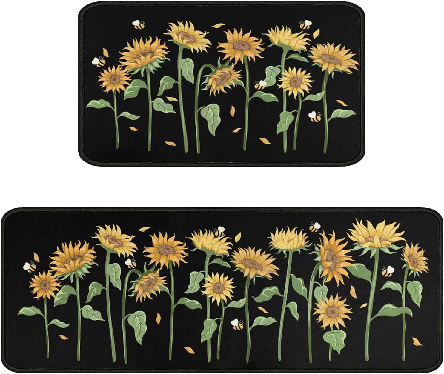 Sunflower Black Kitchen Rugs and Mats Set of 2, Spring Summer Kitchen ...