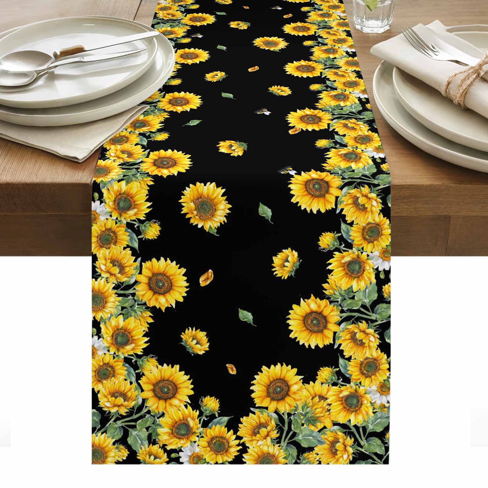 Sunflower Black Table Runner - 48 Inch Long, Kitchen Dining Table ...