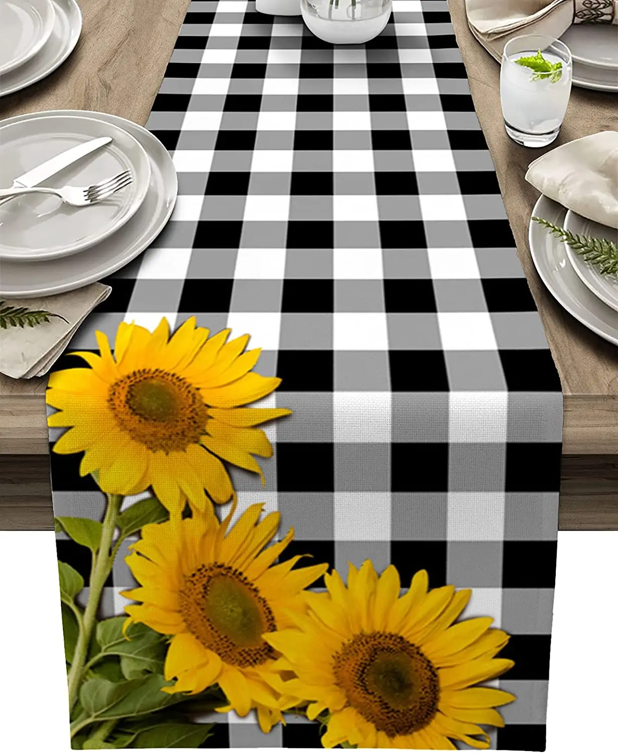 Sunflower Black White Buffalo Plaid Linen Table Runners Kitchen ration ...