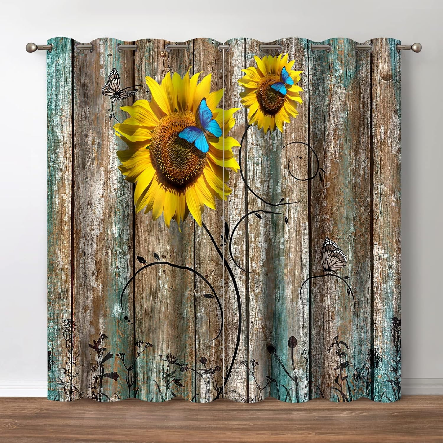 Sunflower Blackout Curtains Rustic Floral Country Curtain Farmhouse ...