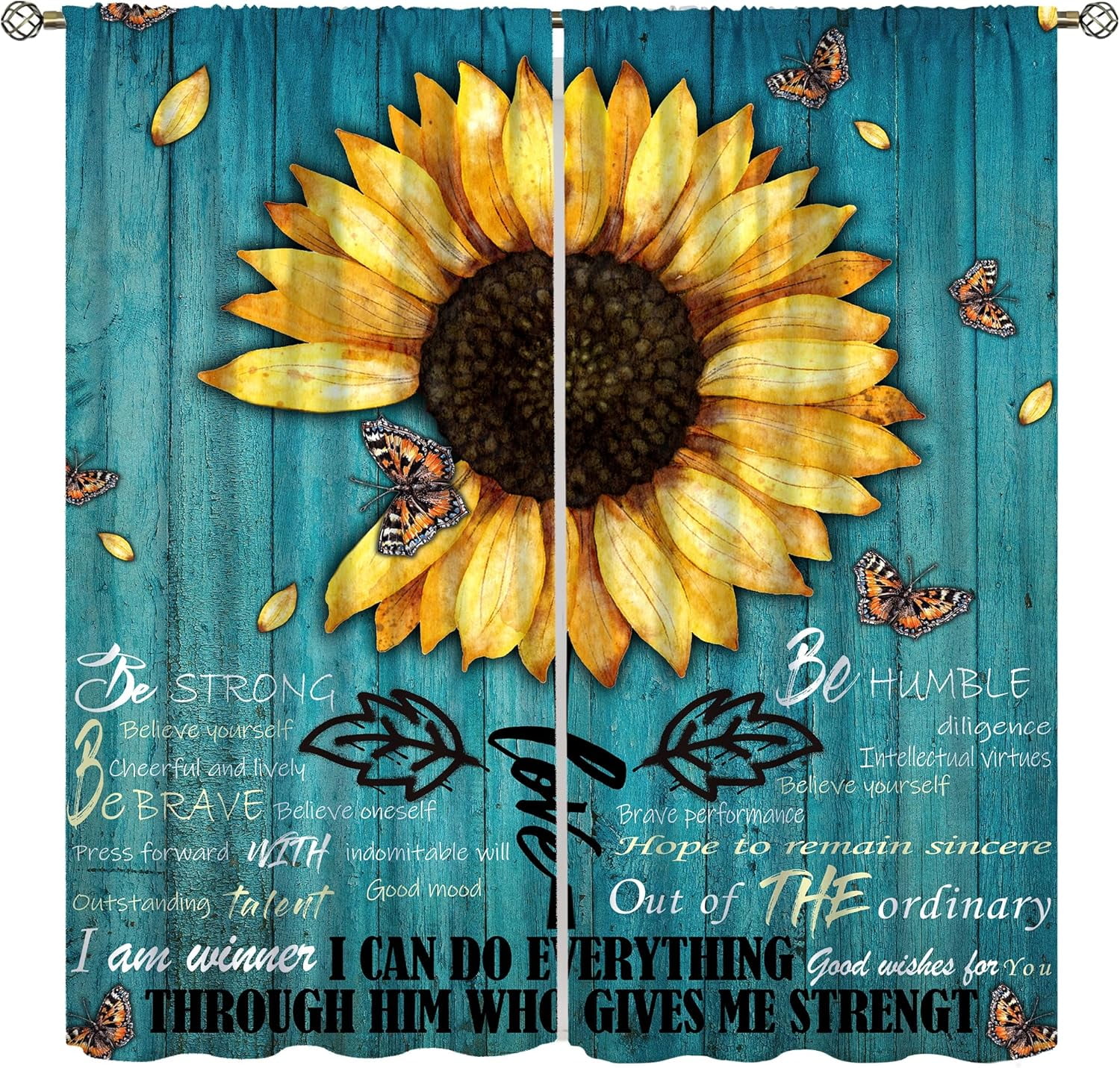 Sunflower Blackout Curtains,Vintage Rustic Blue Wood Paneling Nature Flower Plant Butterfly ...