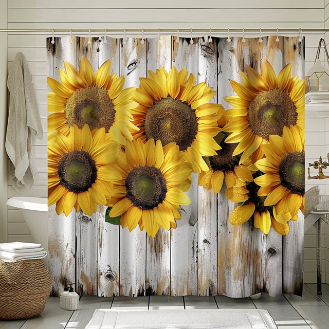 Sunflower Bliss Rustic Shower Curtain Set With Hyper Realistic Floral