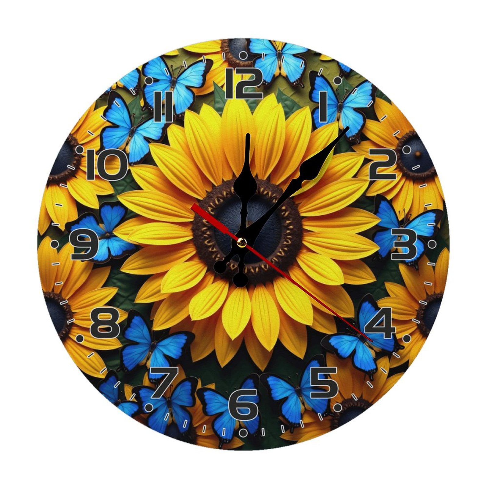 Sunflower Blue Butterfly Wall Clock 10 Inch Silent Non Ticking Round ...
