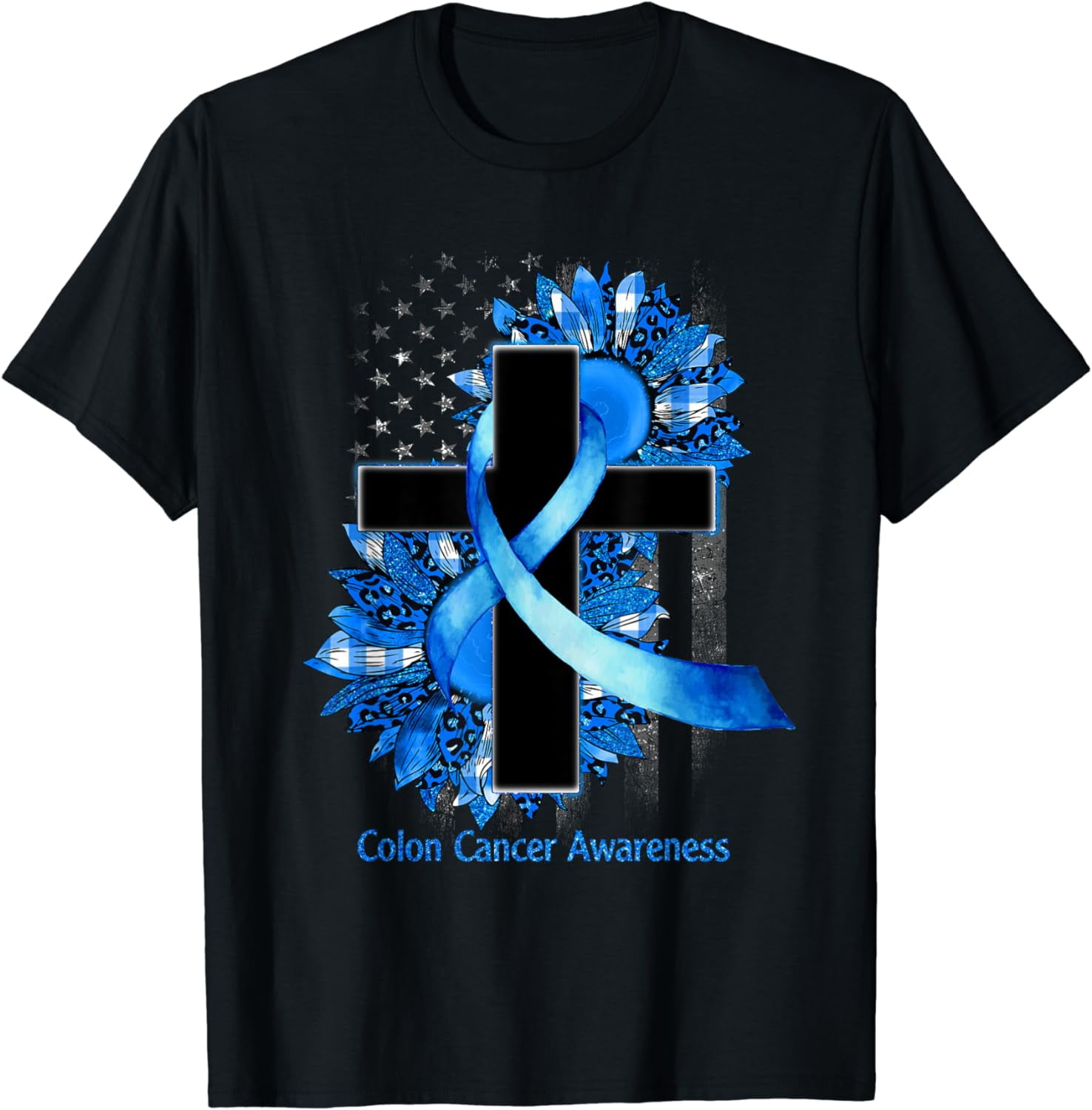 Sunflower Blue Ribbon Christian Cross Colon Cancer Awareness T-Shirt ...
