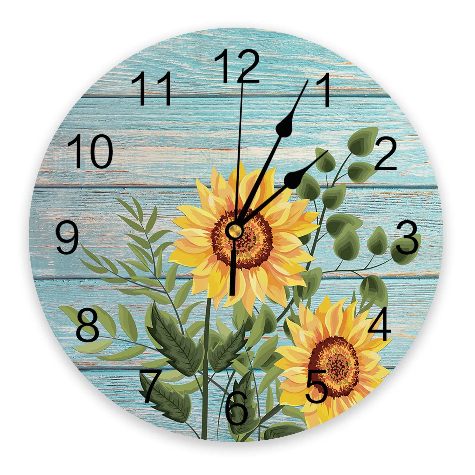 Sunflower Blue Wood Board PVC Wall Clock Modern Design Living Room ...