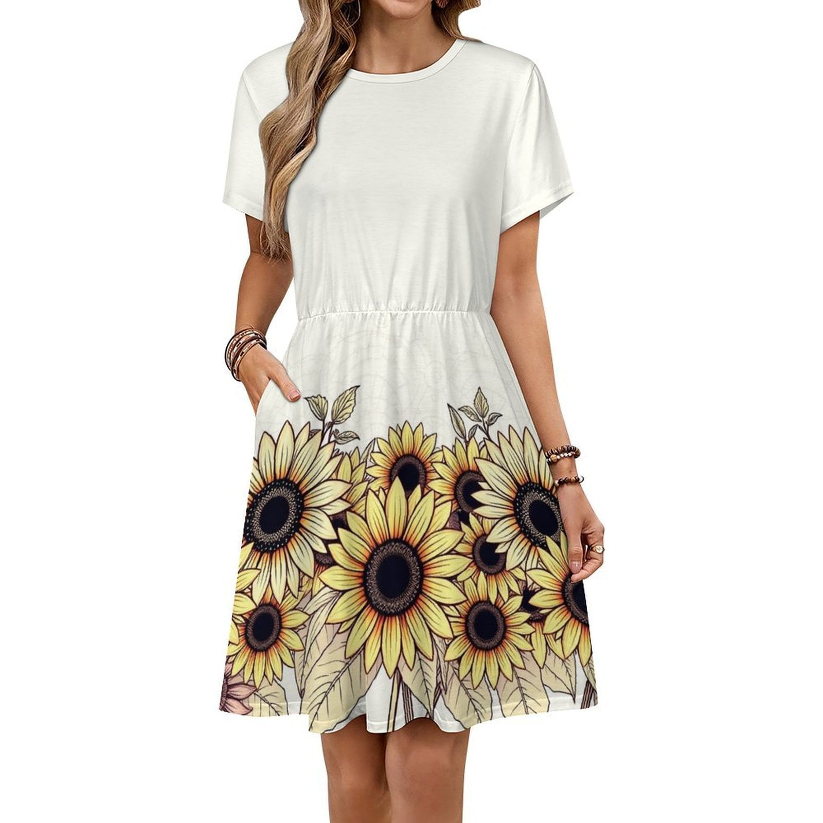Sunflower Border Design Short Sleeve Dress Women Summer Evening Dresses ...