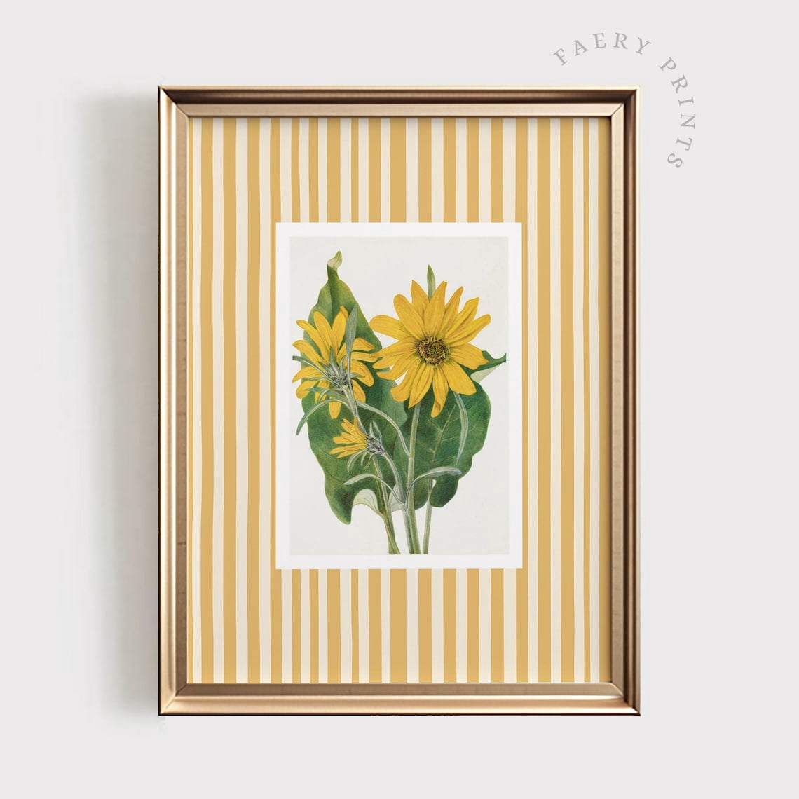 Sunflower Botanical Print, Vintage Floral Yellow Stripe, Unframed Paper ...