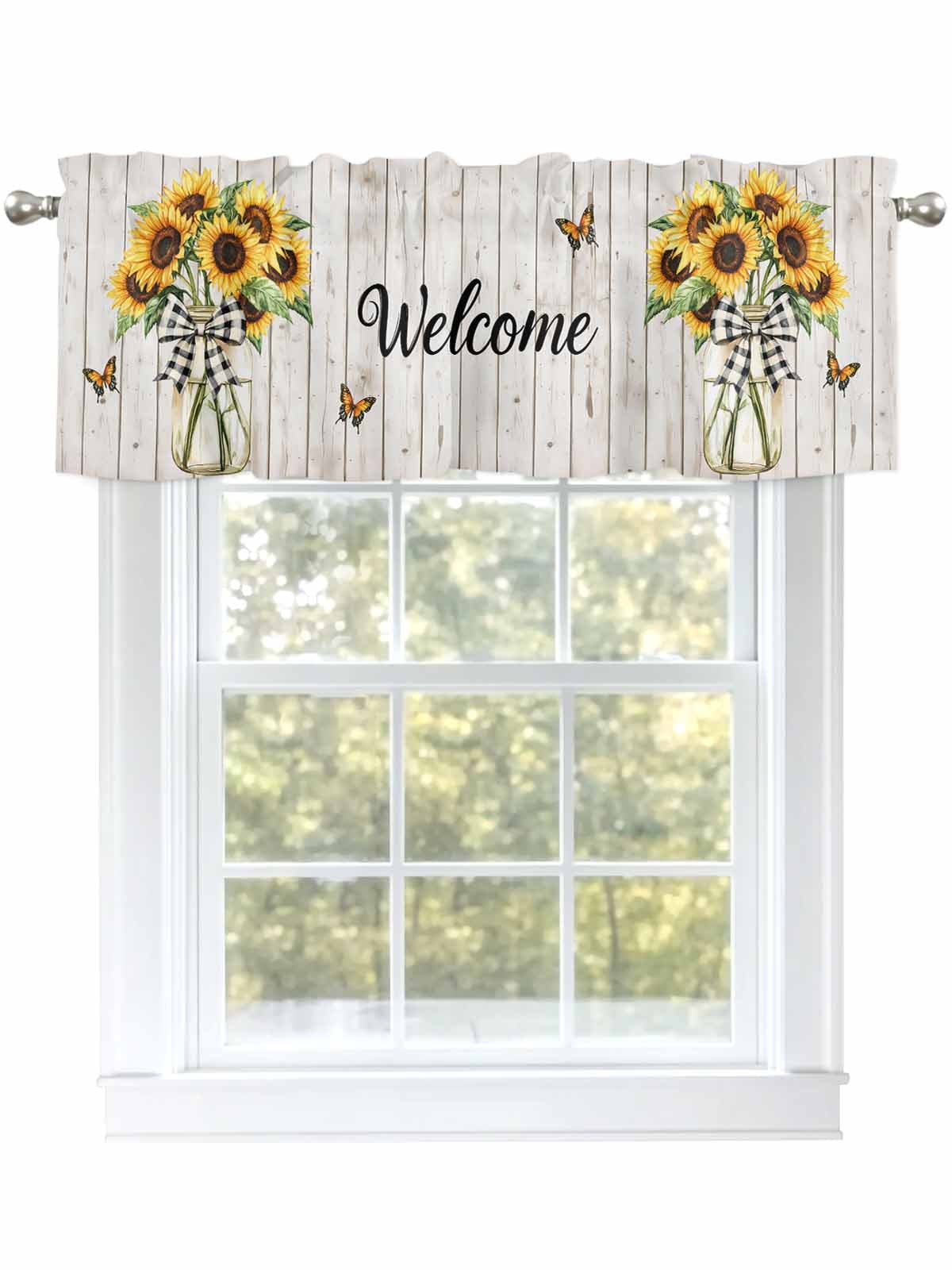 Sunflower Bow Vase Valances for Windows, Rod Pocket Kitchen Valance ...