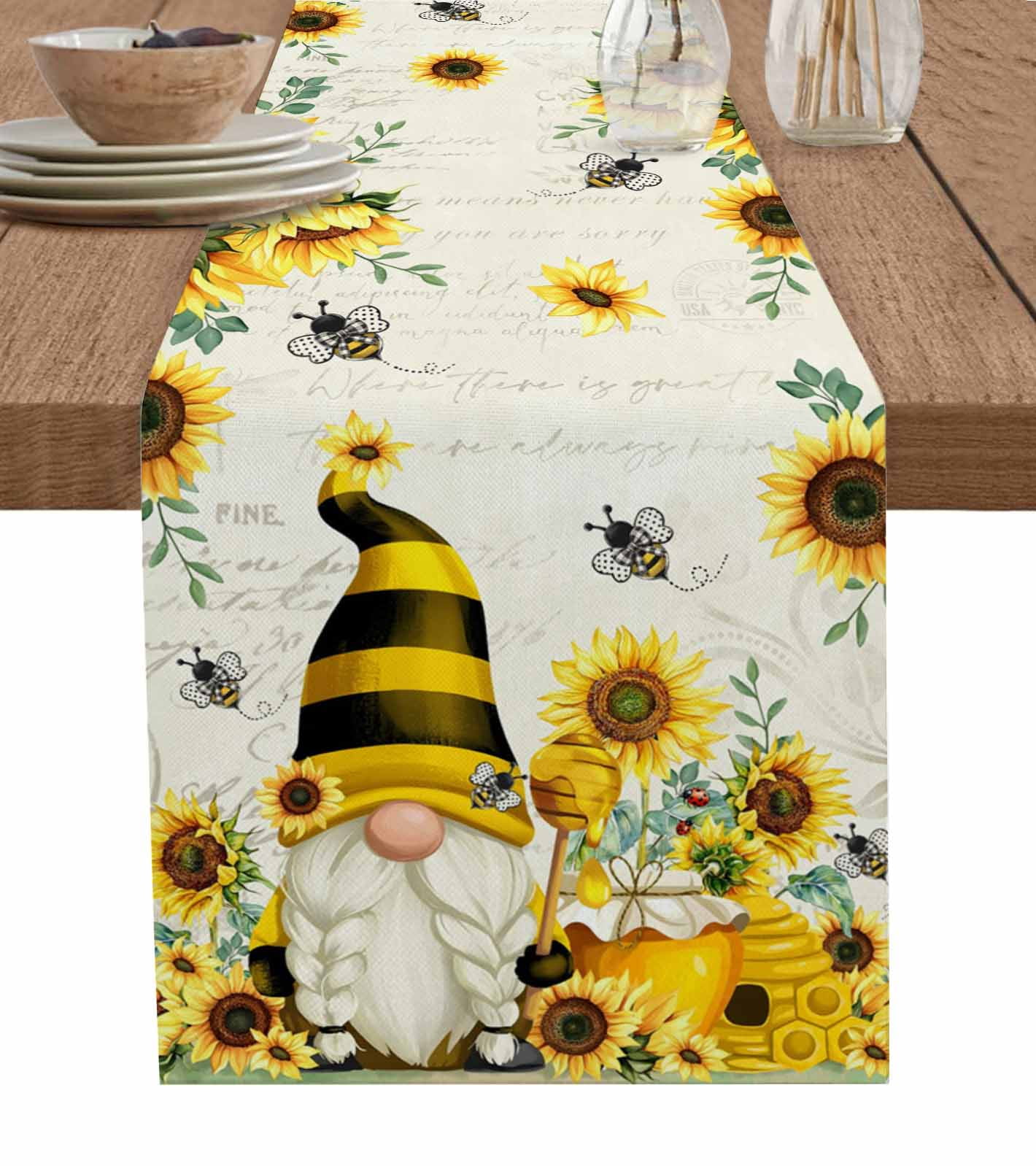 Sunflower Burlap Cotton Table Runner 13x120 Inches Long, Gnomes Flower ...
