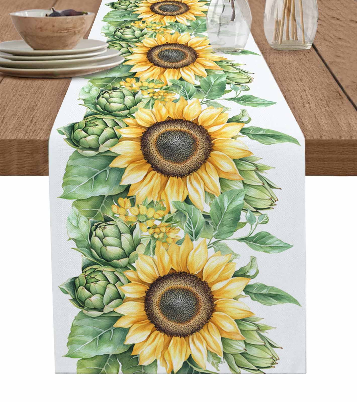 Sunflower Burlap Cotton Table Runner 13x36 Inches Short, Spring Budding Flowers Seasonal ...