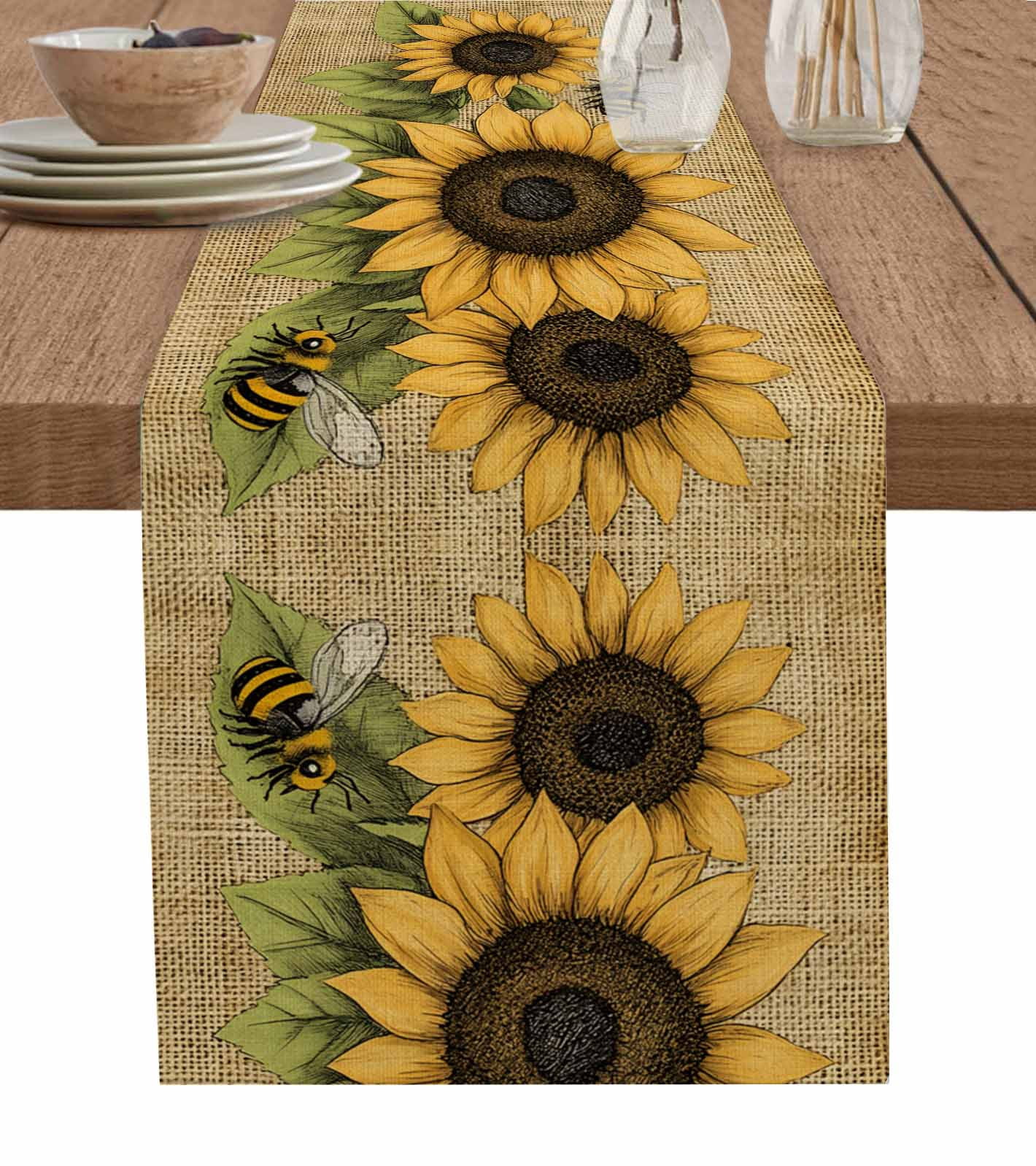 Sunflower Burlap Cotton Table Runner 14x72 Inches Long, Yellow Summer ...