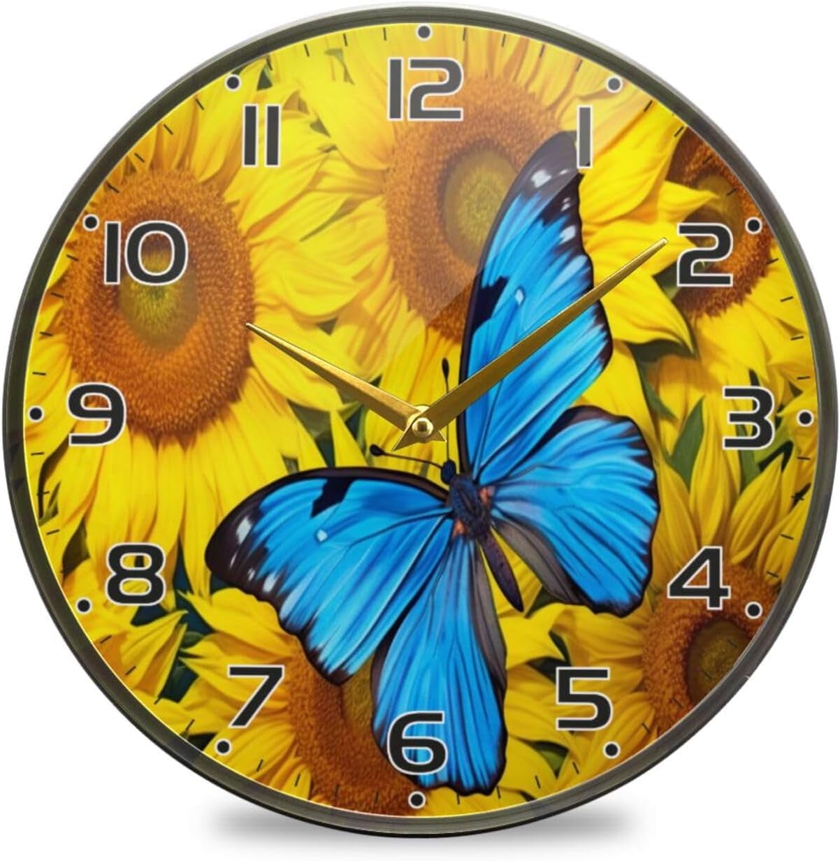Sunflower Butterfly Blue Wall Clock Round Silent Non Ticking Battery ...