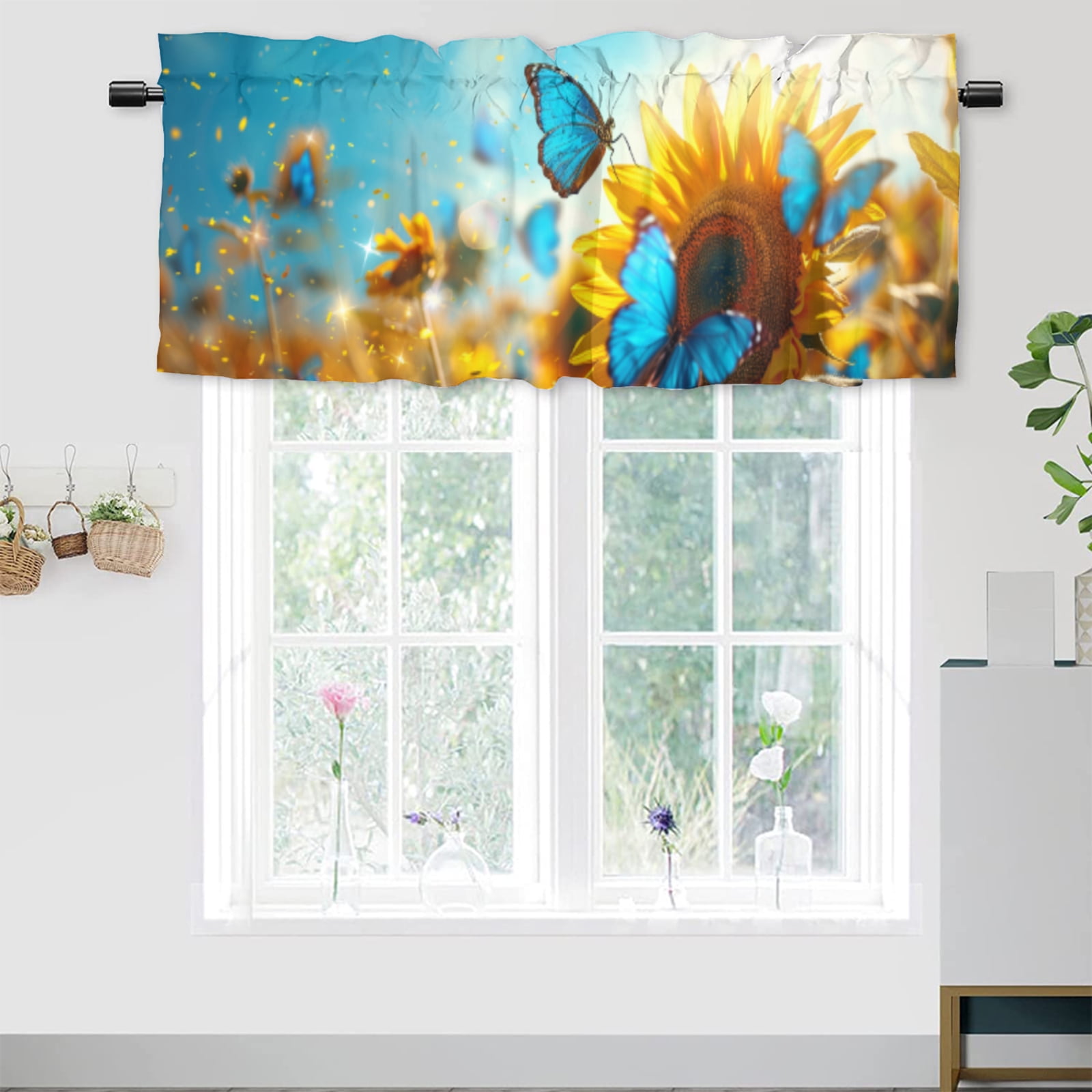 Sunflower Butterfly Curtain Valances Rustic Yellow Floral Blue ...