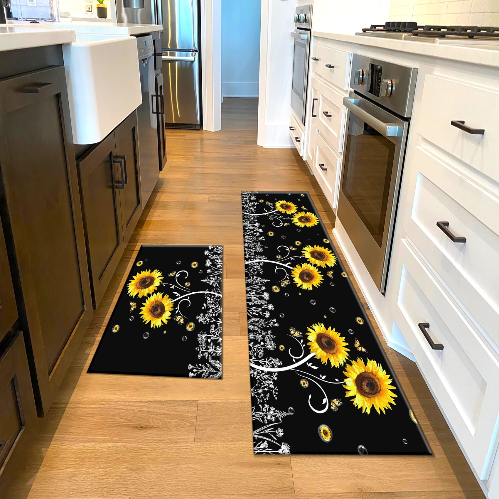 Sunflower Butterfly Kitchen Rugs and Mats 2 Piece Set Farmhouse Anti ...