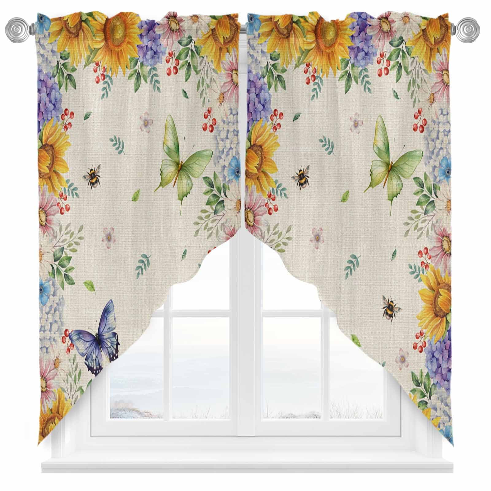 Sunflower Butterfly Swag Kitchen Curtain Valances, Yellow Bee Sunflower ...
