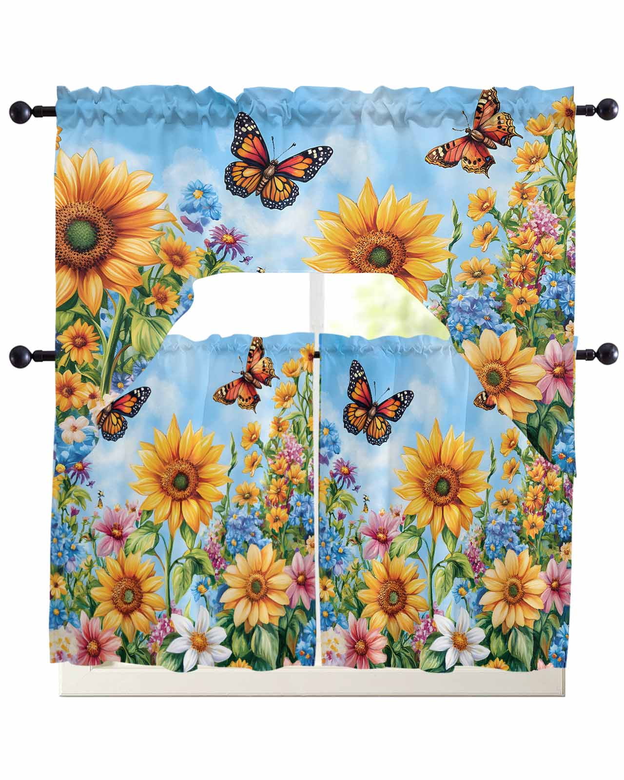 Sunflower Butterfly Swag Valance and Tier Curtains Set Watercolor Daisy ...